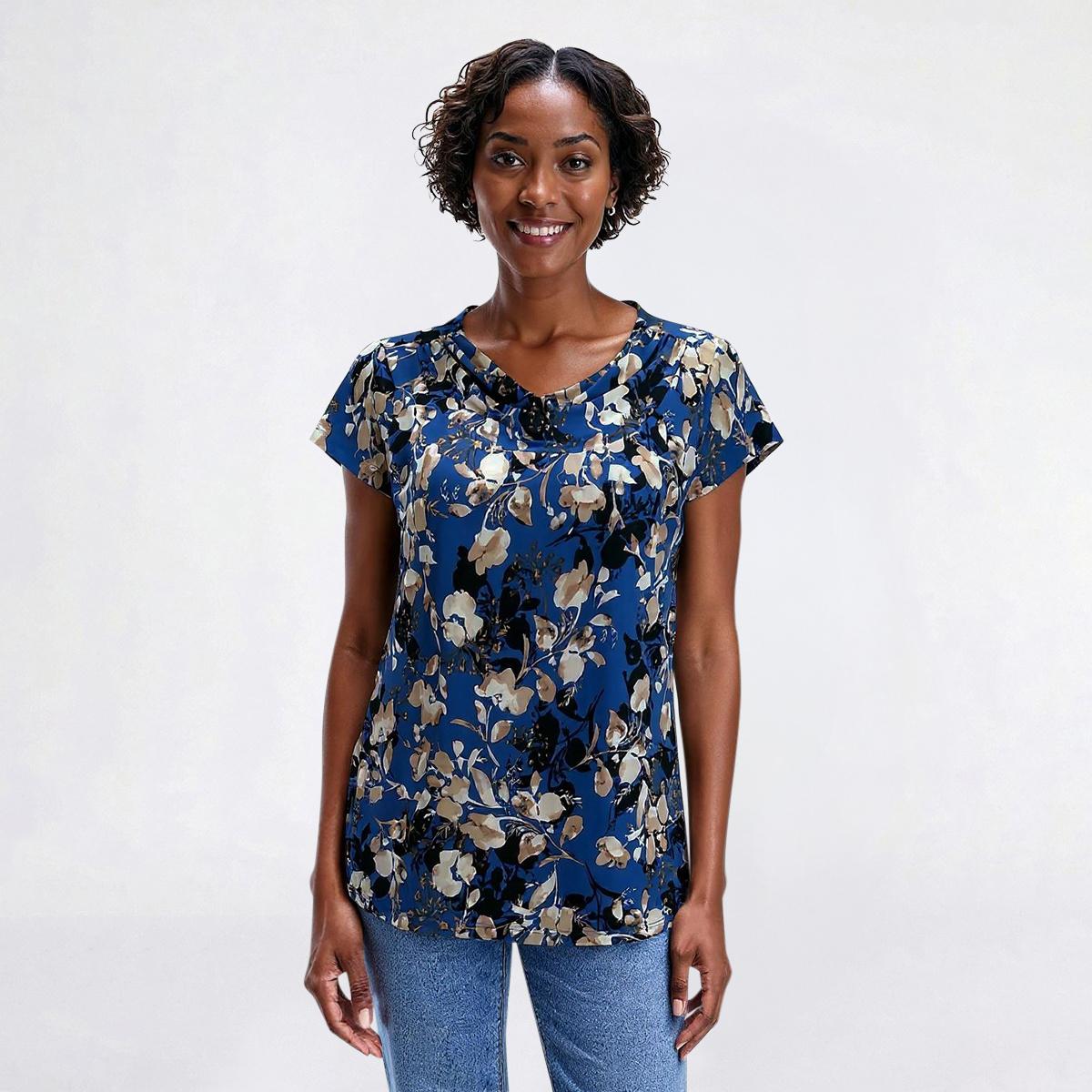 Kasper Womens Printed Cowl Neck Cap Sleeve Top  Regular & Petites - Blue Night Multi